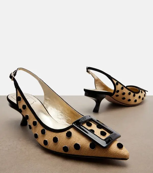 ROGER VIVIER Virgule Polka-dot Canvas Slingback Pumps - Beige
