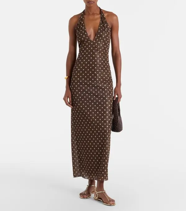 Oseree Lumiere Polka-dot Halterneck Maxi Dress