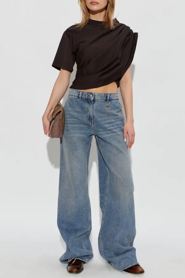 COURREGES Asymmetrical Top With Embroidered Logo - Brown