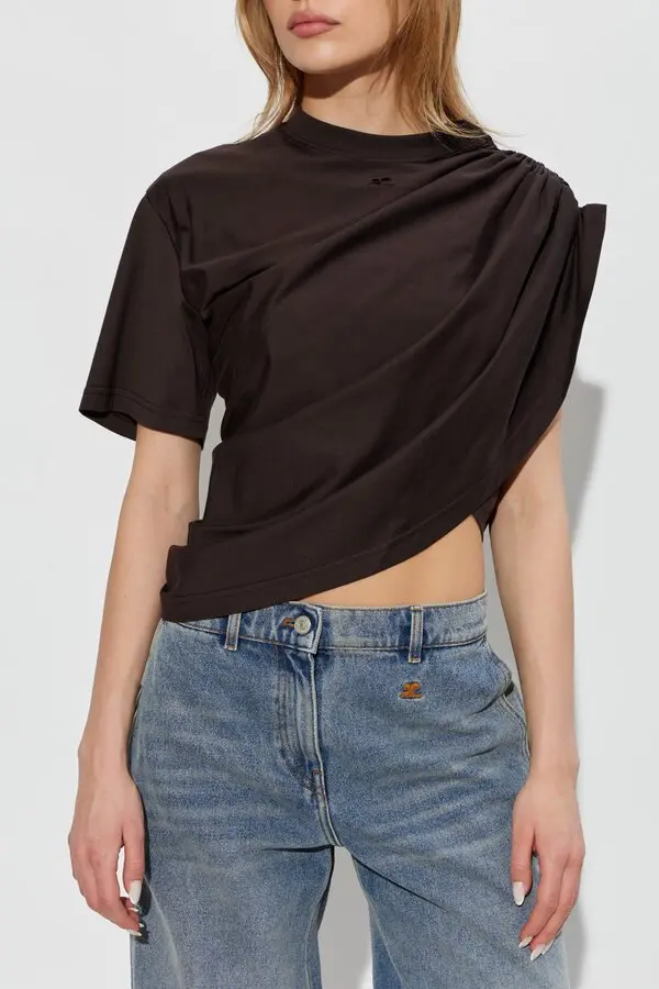 COURREGES Asymmetrical Top With Embroidered Logo - Brown