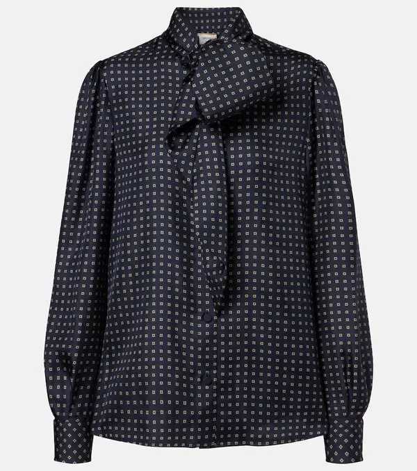 Saint Laurent Printed Tie-neck Silk Crêpe De Chine Blouse - Blue