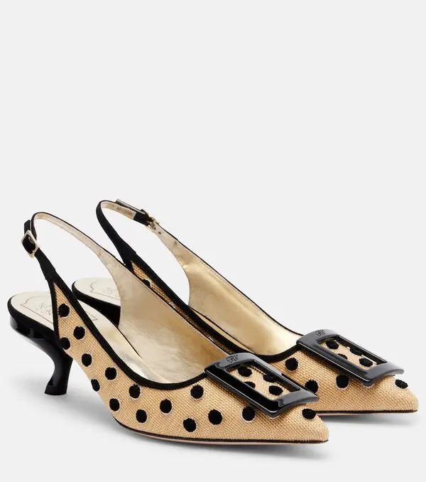 ROGER VIVIER Virgule Polka-dot Canvas Slingback Pumps - Beige