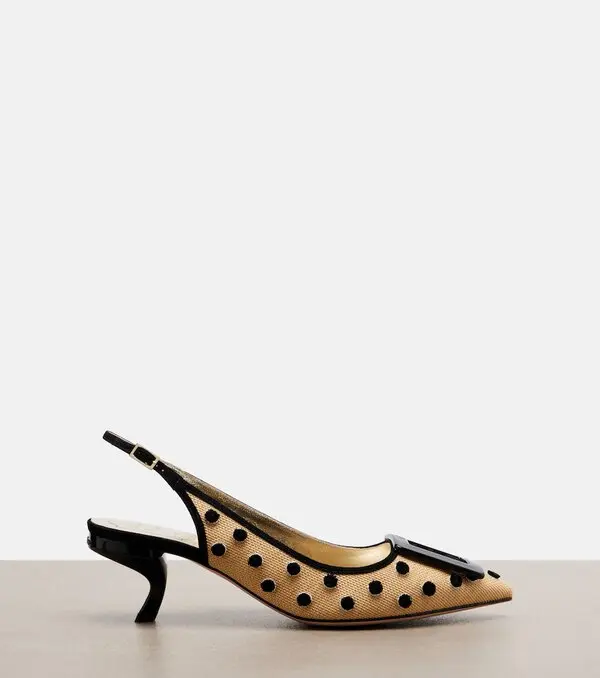 ROGER VIVIER Virgule Polka-dot Canvas Slingback Pumps - Beige