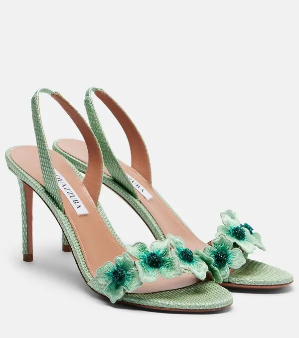 AQUAZZURA Passionflower Embellished Raffia Slingback Sandals - Green