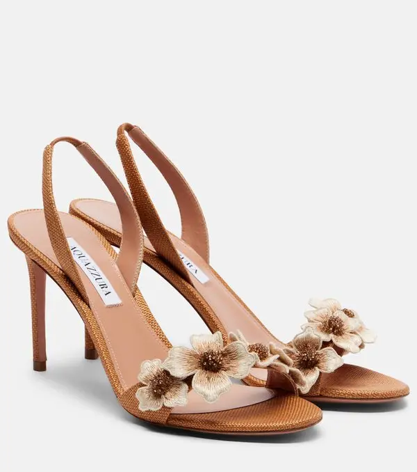 AQUAZZURA Passionflower Beaded Raffia Slingback Sandals - Brown