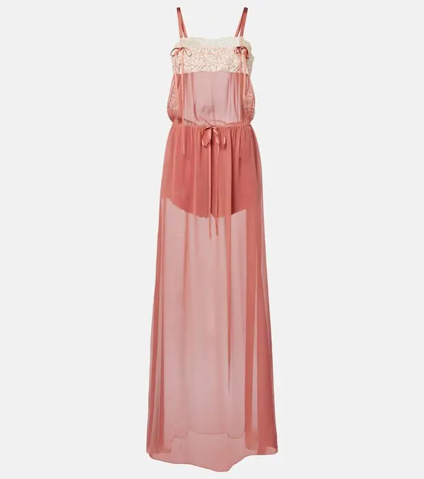 Saint Laurent Lace-trimmed Silk Crêpe Muslin Maxi Dress - Pink