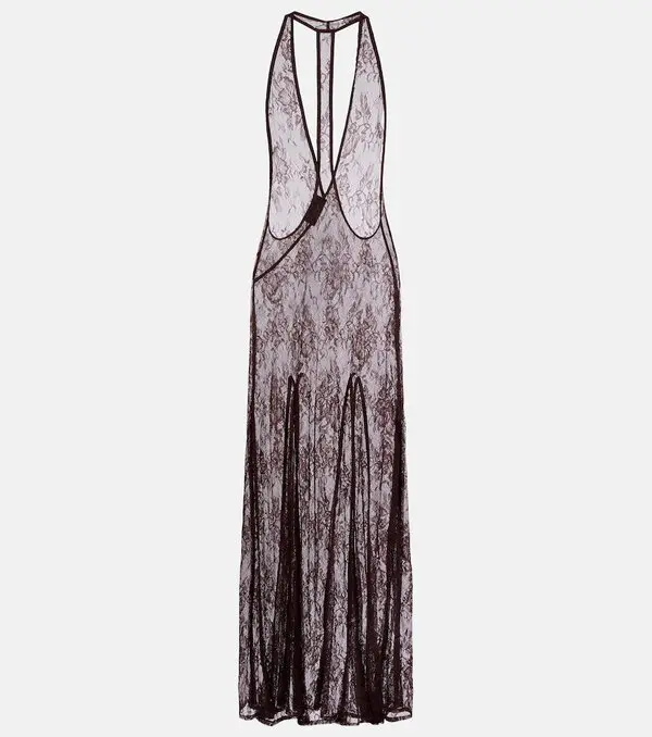 ADRIANA DEGREAS Sheer Open-back Lace Maxi Dress - Brown