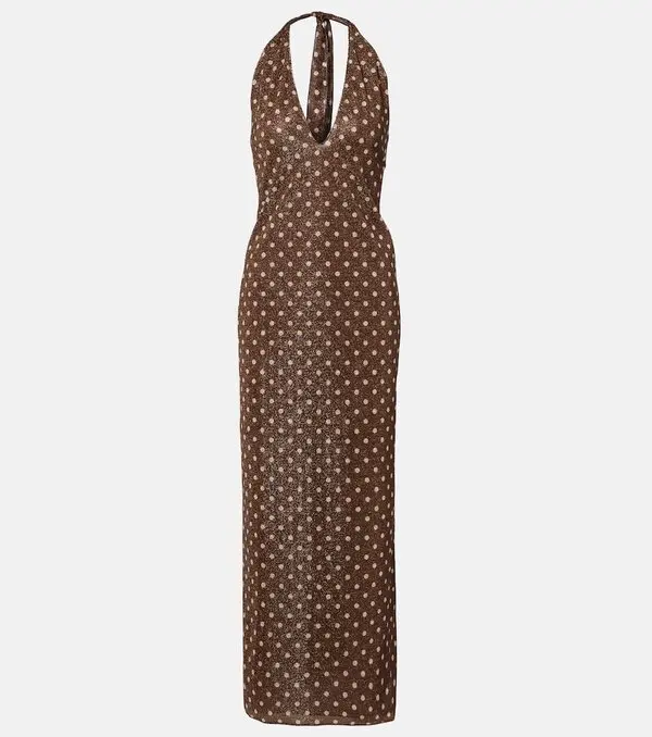 Oseree Lumière Polka-dot Halterneck Maxi Dress - Brown