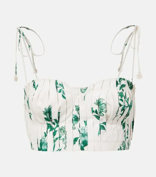 Agua Bendita Moringa Floral Pleated Cotton Crop Top - White