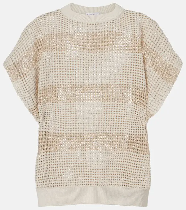 Brunello Cucinelli Open-knit Sequined Cotton Sweater - Beige