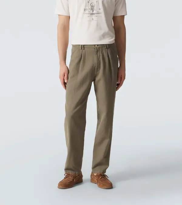 Brunello Cucinelli Cotton And Linen Straight Pants - Green