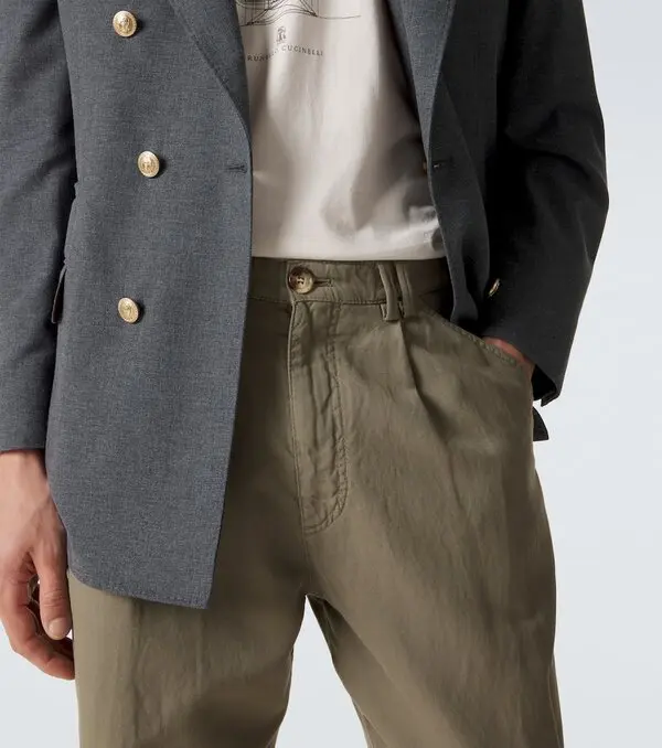 Brunello Cucinelli Cotton And Linen Straight Pants - Green