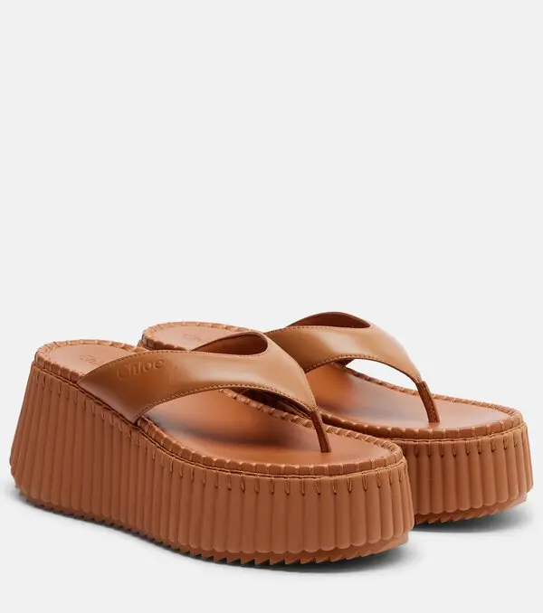 Chloé Nama Leather Platform Thong Sandals - Brown