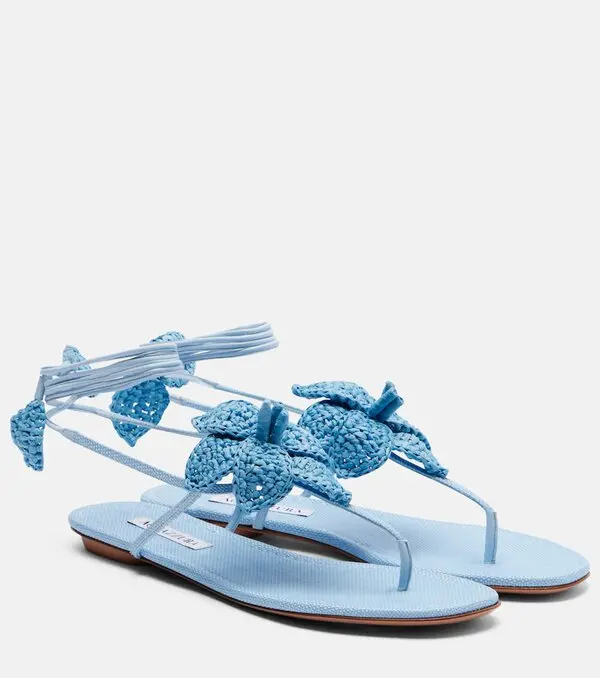 AQUAZZURA Calypso Leather-trimmed Raffia Sandals - Blue