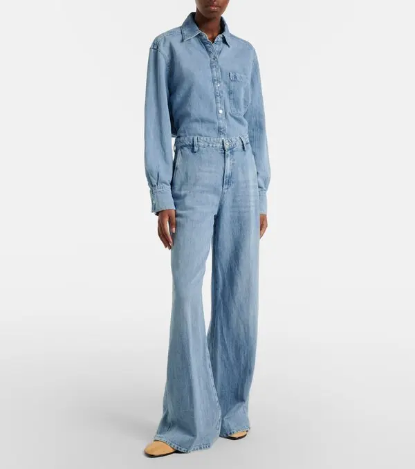 7 For All Mankind Cotton And Linen Wide-leg Jeans - Blue