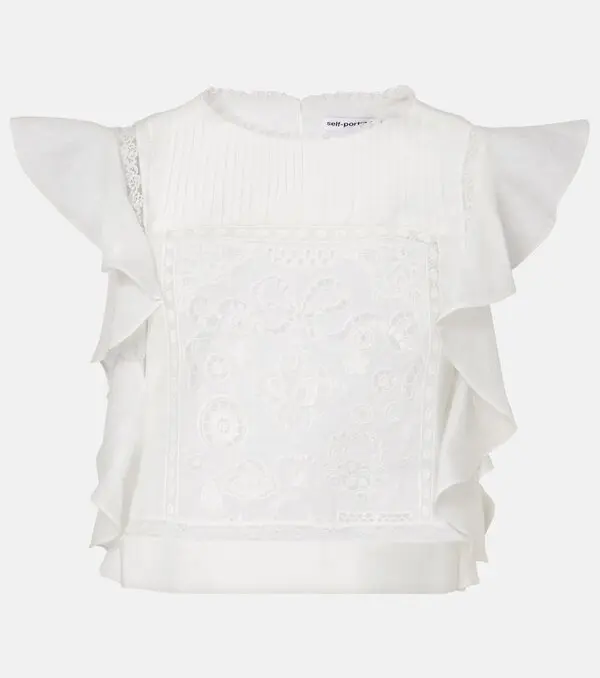 SELF-PORTRAIT Embroidered Ruffled Top - White
