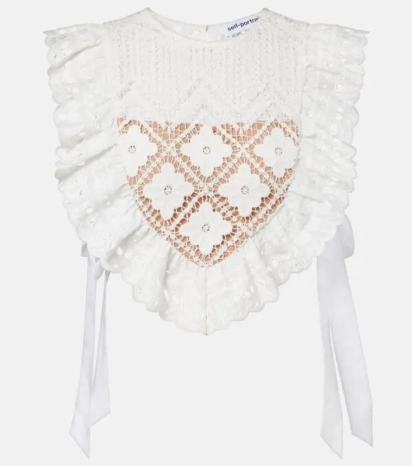 SELF-PORTRAIT Crochet Ruffled Crop Top - White