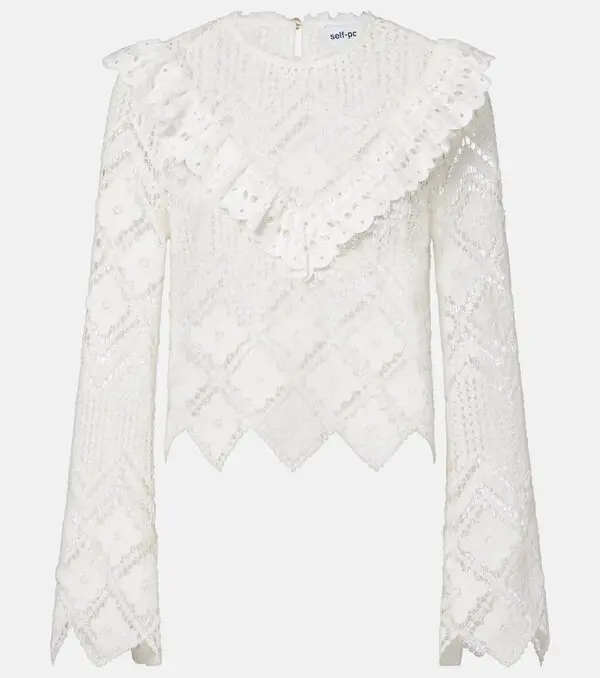 SELF-PORTRAIT Crochet Ruffled Top - White