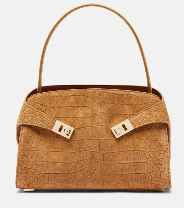 FERRAGAMO Medium Croc-effect Suede Shoulder Bag - Beige