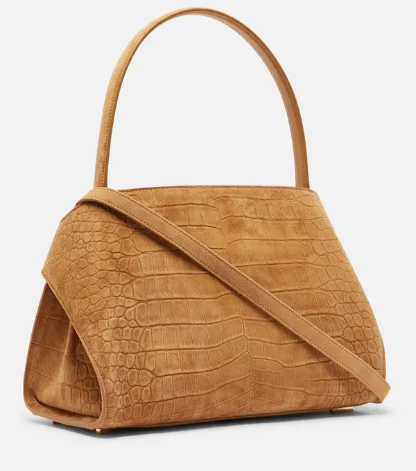 FERRAGAMO Medium Croc-effect Suede Shoulder Bag - Beige
