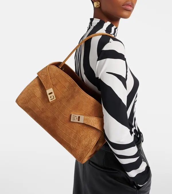 FERRAGAMO Medium Croc-effect Suede Shoulder Bag - Beige