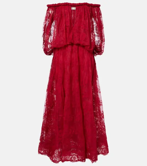 Zimmermann Luna Off-shoulder Floral Lace Gown - Red