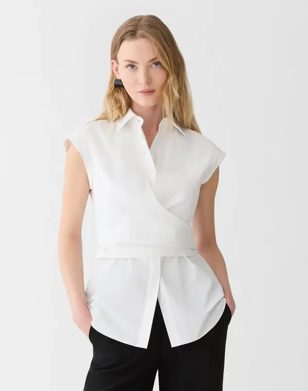 Lafayette 148 New York Organic Cotton Poplin Fitted Wrap Shirt - White