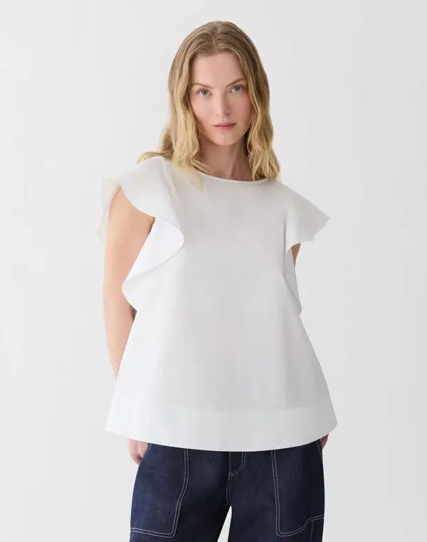 Lafayette 148 New York Organic Cotton Poplin Ruffle Sleeveless Shirt - White