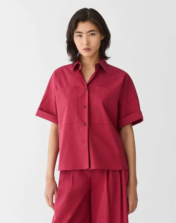 Lafayette 148 New York Organic Cotton Poplin Patch Pocket Shirt - Scarlet Hollyhock