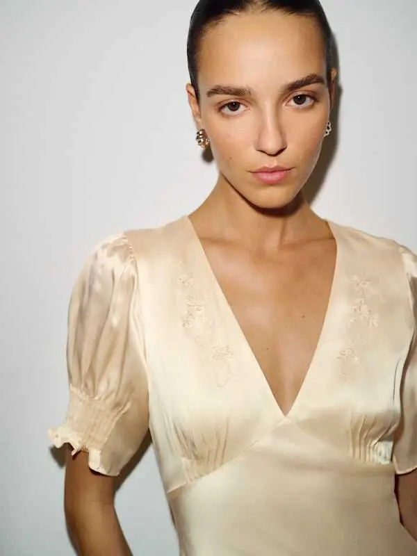 REFORMATION Sacha Silk Dress With Puff Sleeves And V-neckline