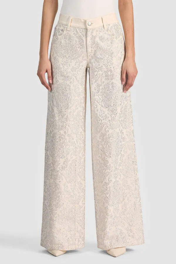 Alice + Olivia Embellished Wide Leg Jean - White