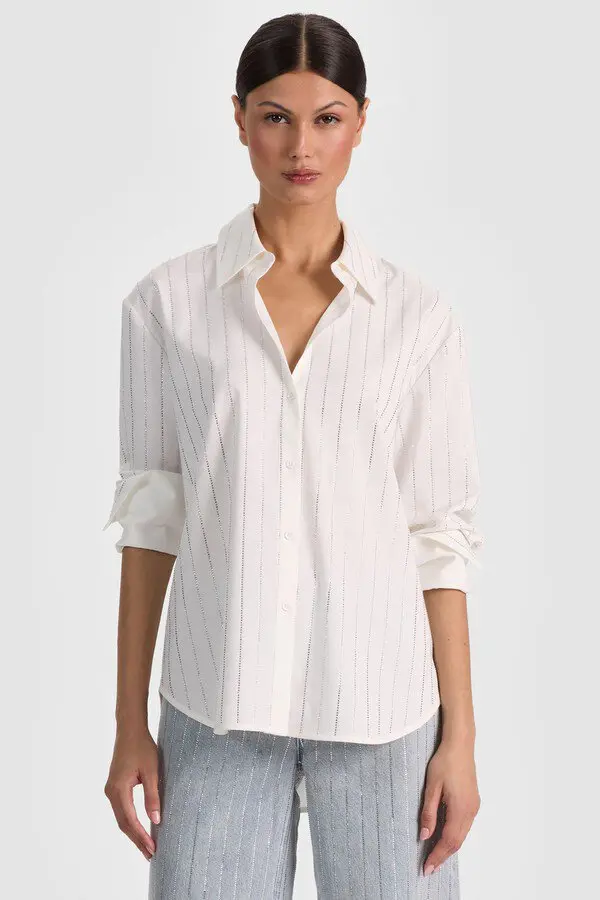 Alice + Olivia Rhinestone Pinstripe Button-down Shirt - White