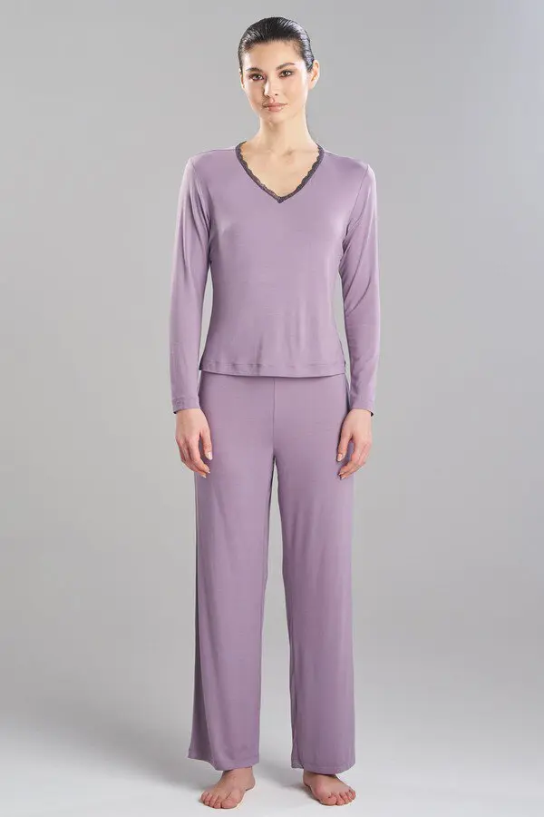 Natori Iris Bamboo Jersey Ease Long Sleeve Lace Pj - Gray