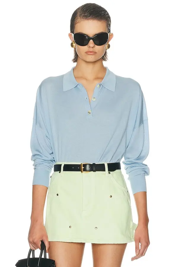 Renggli Silk Cashmere Boxy Long Sleeve Polo Top - Azure