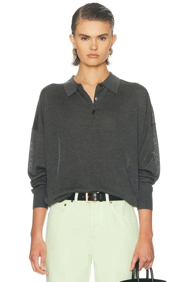 Renggli Silk Cashmere Boxy Long Sleeve Polo Top - Graphite