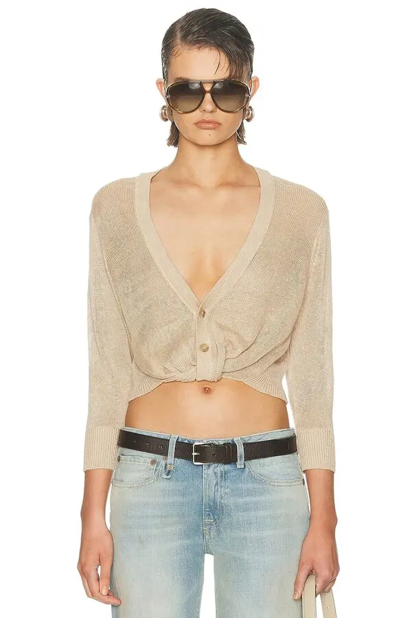 R13 3/4 Sleeve Twisted Front Cardigan - Light Khaki