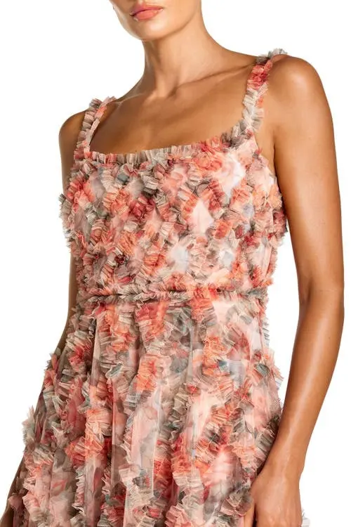 Mac Duggal Floral Mesh Ruffle A-line Gown