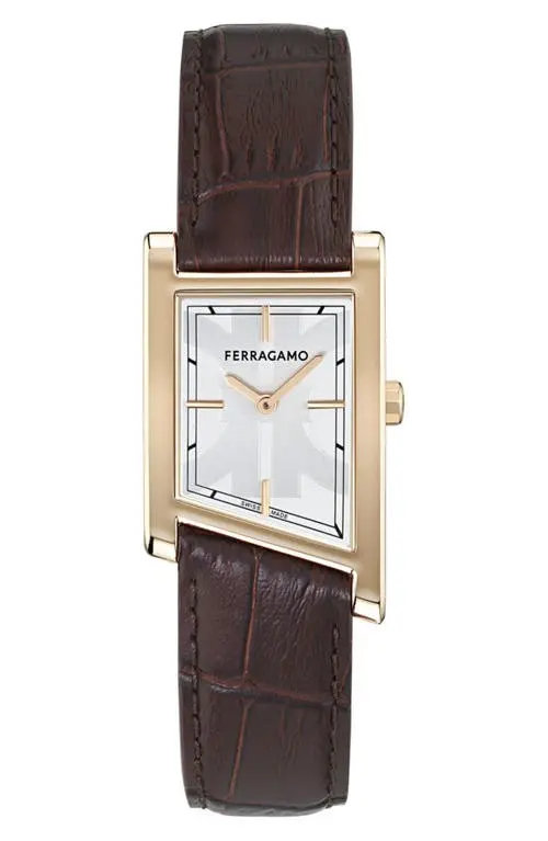 FERRAGAMO Asymetrique Leather Strap Watch - Ip Rose Gold
