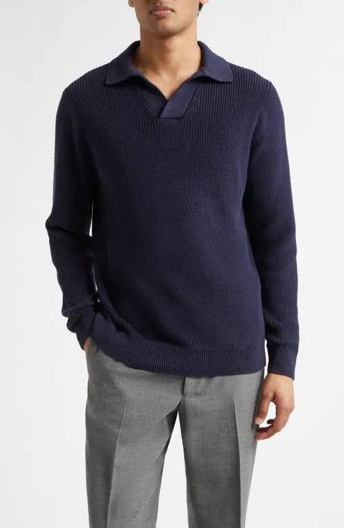 Thom Sweeney Skipper Long Sleeve Cotton Polo - Navy