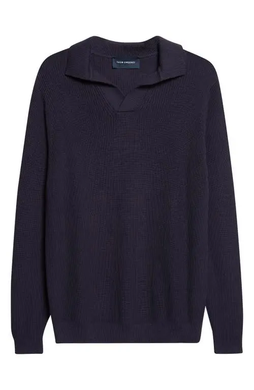Thom Sweeney Skipper Long Sleeve Cotton Polo - Navy