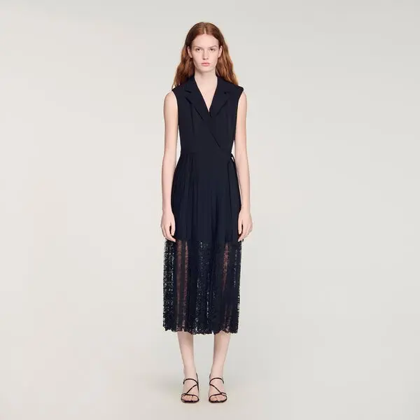 Sandro Lace Pleated Midi Dress