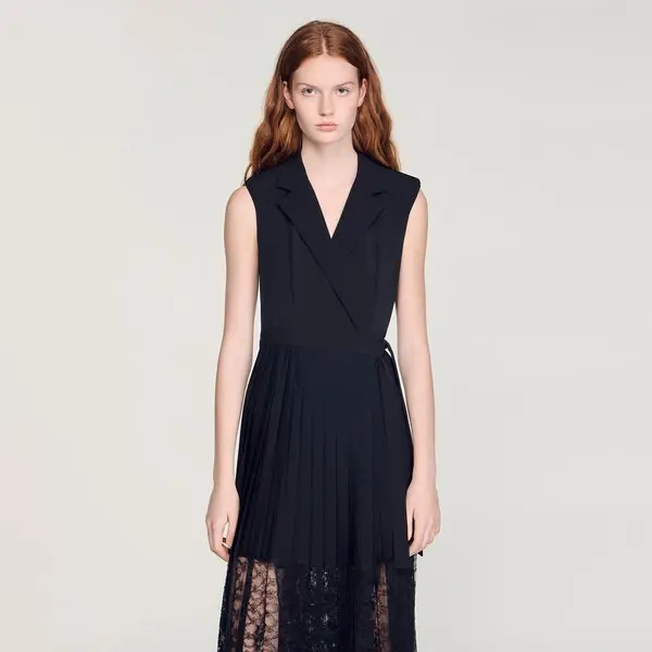 sandro black dress lace Sandro Lace pleated midi dress