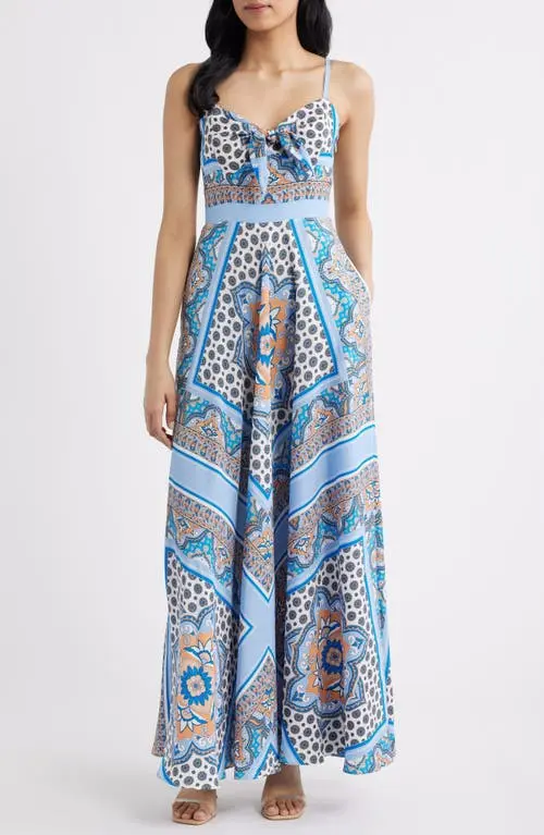 Eliza J Tie Front Maxi Sundress - Blue Multi
