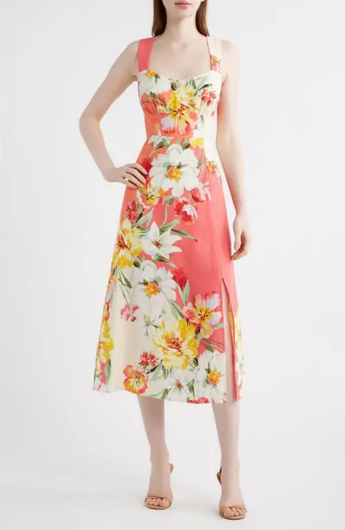 Vince Camuto Floral Print Fit & Flare Midi Dress - Coral Multi