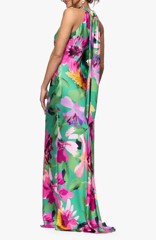 XSCAPE EVENINGS Floral Stretch Satin Column Gown
