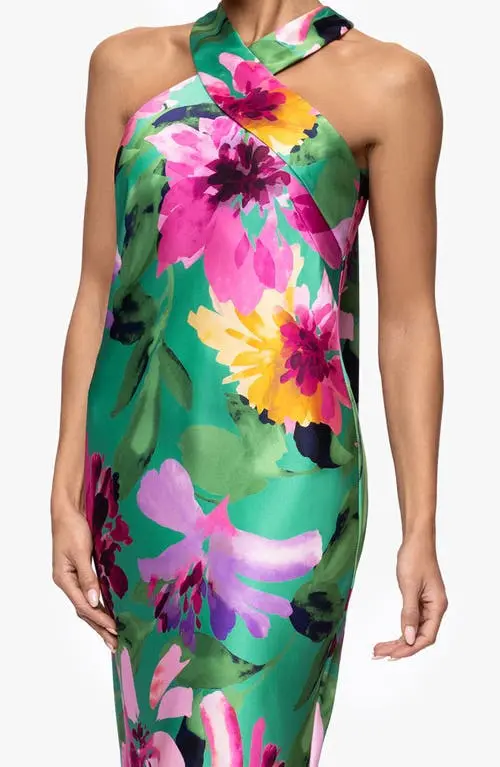XSCAPE EVENINGS Floral Stretch Satin Column Gown