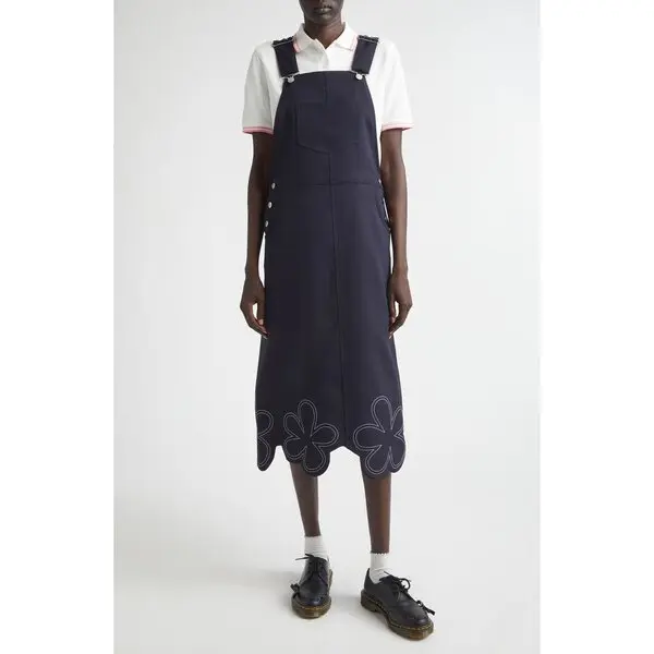 Comme Des Garçons Embroidered Daisy Hem Overalls Dress - Navy