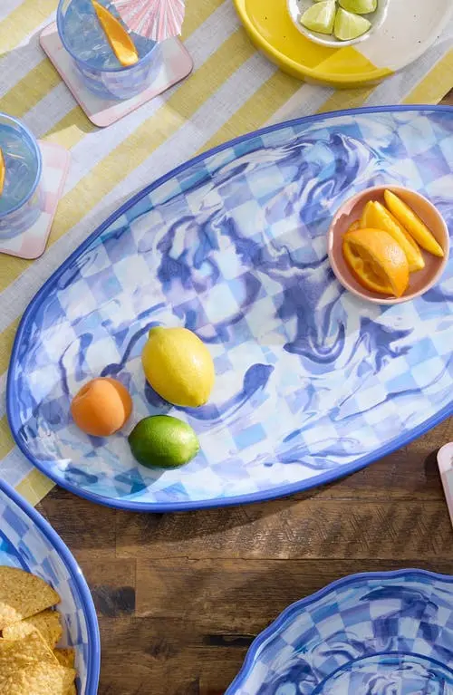 MACKENZIE-CHILDS Marble Check Oval Melamine Platter - Blue