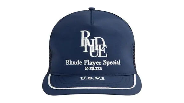 Rhude Player Special Trucker Hat - Navy Blue/white