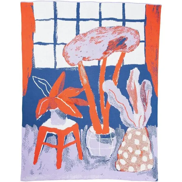 BIQUETTE House Plants Knit Throw Blanket - Blue Night